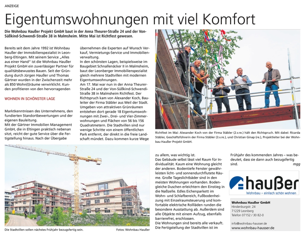Richtfest Anna Theurer-Strasse 24 | Eigentumswohnungen mit viel Komfort
